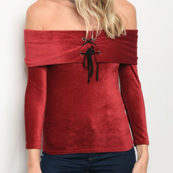 Tops | Burgundy Off Shoulder Velevt Top | Poshmark